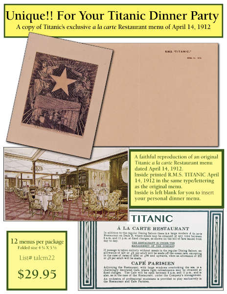 Titanic a la carte Restaurant menu | Titanic Museum Store