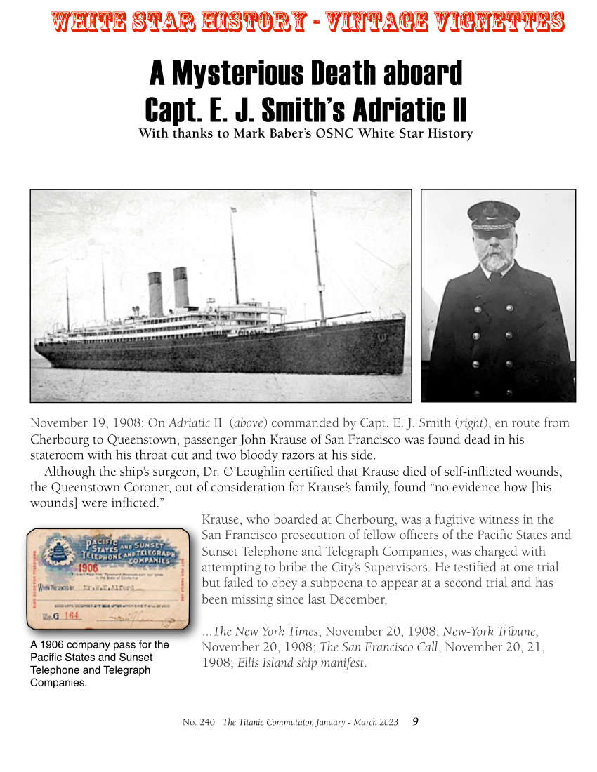 Commutator 240 Mysterious Death Capt EJ Smiths Adriatic II Vintage ...